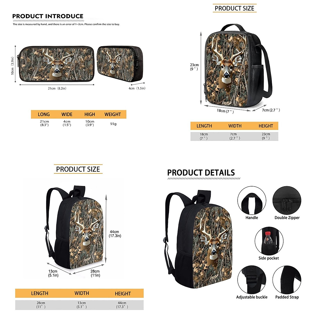 Uourmeti Deer Camo Boys Backpack and Lunchbox Pencil Case Set 3 in 1 Kindergarten Elementary Middle School Bookbags and Lunch Box Set for Teens Kids Book Bags Girls Big Scoolbags