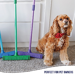 Don Aslett's Rubber Broom (12") and Hand Brush (10") Set | 59-inch Steel Pole | Multipurpose Synthetic Rubber Bristles Cleans Pet Cat or Dog Hair, Liquid Spills on Concrete & Hardwood Surface (Blue)