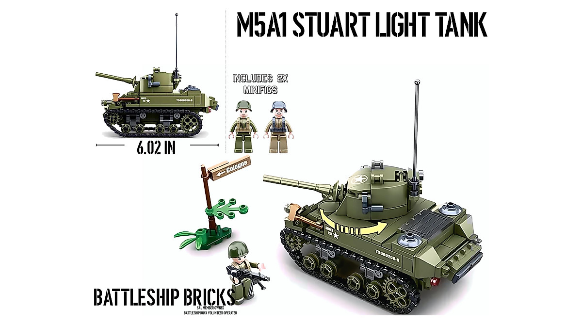 M5A1 Stuart Light Tank Building Kit - 280 Pieces by Battleship Bricks