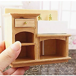 EatingBiting Mini House Bathroom Kitchen Decor Sink 1/12 Wooden Wash Basin Cabinet with Ceramic Hand Sink for Bathroom Kitchen Decoration Accessories