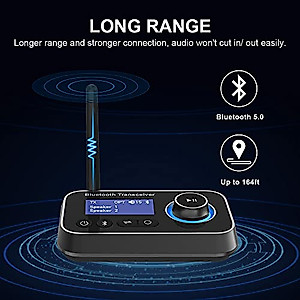 Ainostone Bluetooth 5.0 Transmitter Receiver for 2 Headphones 2-in-1 Audio Adapter with LCD Display Low Latency Long Range Volume Adjustable Optical AUX RCA Bypass for Headphone Speaker TV Home Stereo