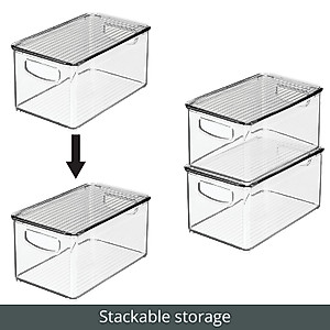 mDesign Plastic Deep Storage Bin Box Container with Lid and Built-In Handles - Organization for Fruit, Snacks, or Food in Kitchen Pantry, Cabinet, Cupboard, Ligne Collection, 6 Pack, Clear/Smoke Gray