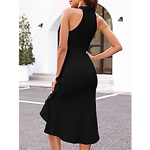 MEROKEETY Women's Sexy Halter Neck Sleeveless Evening Dress Slim Split Mermaid Prom Dresses,Black,XL