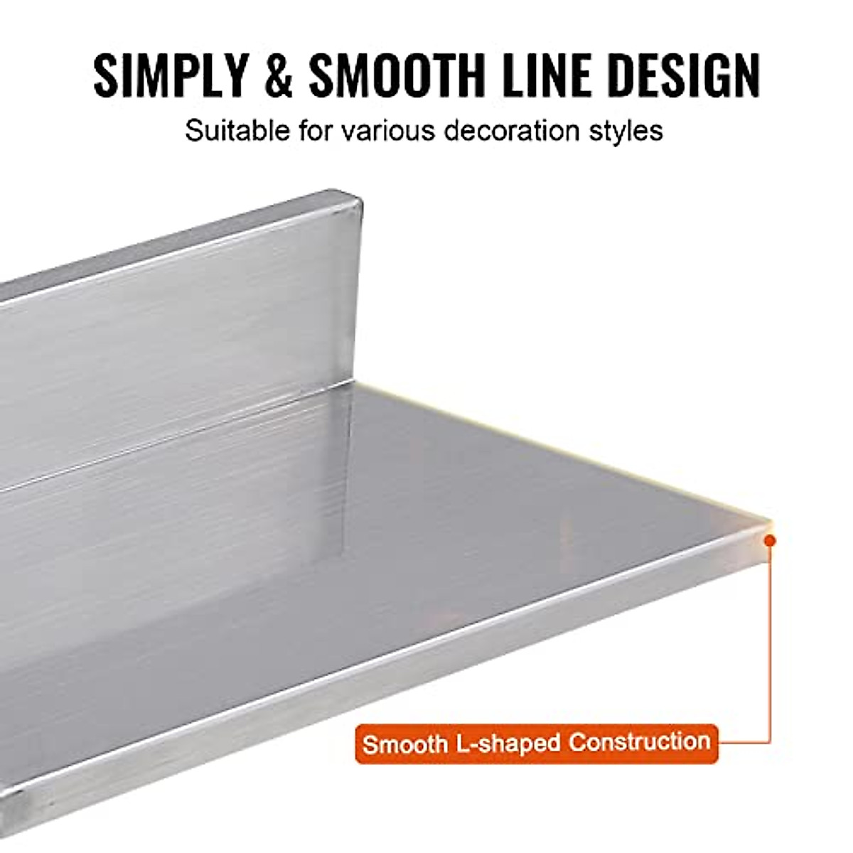 VEVOR 8.6" x 16" Stainless Steel Shelf, Wall Mounted Floating Shelving with Backsplash, 44 lbs Load Capacity Commercial Shelves, Heavy Duty Storage Rack for Restaurant, Kitchen, Bar, Home, and Hotel