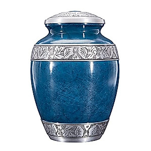 GSM Brands Cremation Urn for Adult Human Ashes - Large Handcrafted Funeral Memorial with Striking Blue Design (Aluminum - 10 Inch Height x 7 Inch Width)
