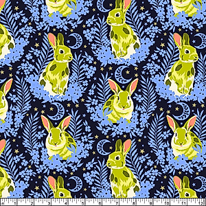 Tula Pink for Free Spirit Besties Hop to It W/Metallic Gold, Fabric by The Yard (Bluebell)