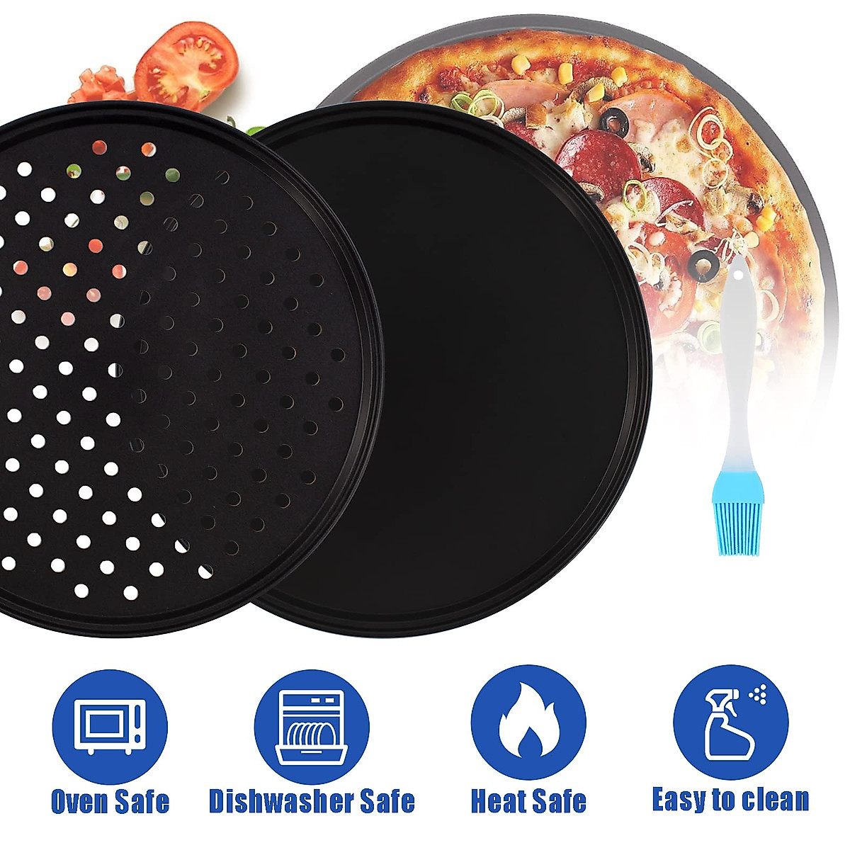 3PC Nonstick Pizza Tray for Oven, TWUTGAYW Cast Iron Pizza Pans With Holes 12.5 in, Pizza Serving Tray, Carbon Steel with Non Stick Surface, Round Pizza Tray Baking Pizza Set for Home Kitchen Oven Use
