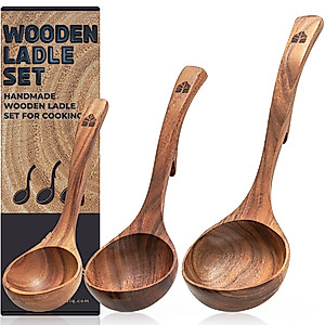 Wooden Ladle Spoon Set, 3 Size Teak Wood Kitchen Serving Spoon with Back Hooks for Pot & Bowl, Non-Stick Wooden Spoon Set for Cooking, Serving and Stirring