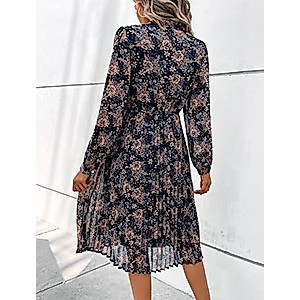 HAOKEKE Women Print Dress Long Sleeves Chiffon Dress Retro Pleated Buttons Down Bow Tie Fairy Lady Dress Navy Blue Flower Print US 12-14