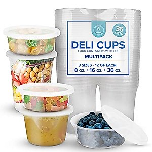 Deli Containers with Lids - Food Storage Containers - Clear Freezer Containers | 36-Pack BPA Free Plastic 8, 16, 32 oz | Cup Pint Quart set | Great for Soup, Meal Prep, Portion Control, Slime and More