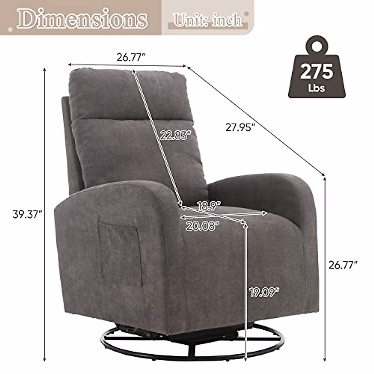 Deolme 360 Swivel Accent Glider Rocking Chair, Comfy Tufted Upholstered Glider Rocker for Nursery, Modern Armchair with Tall Back and Side Pocket for Living Room, Bedroom (Dark Gray)