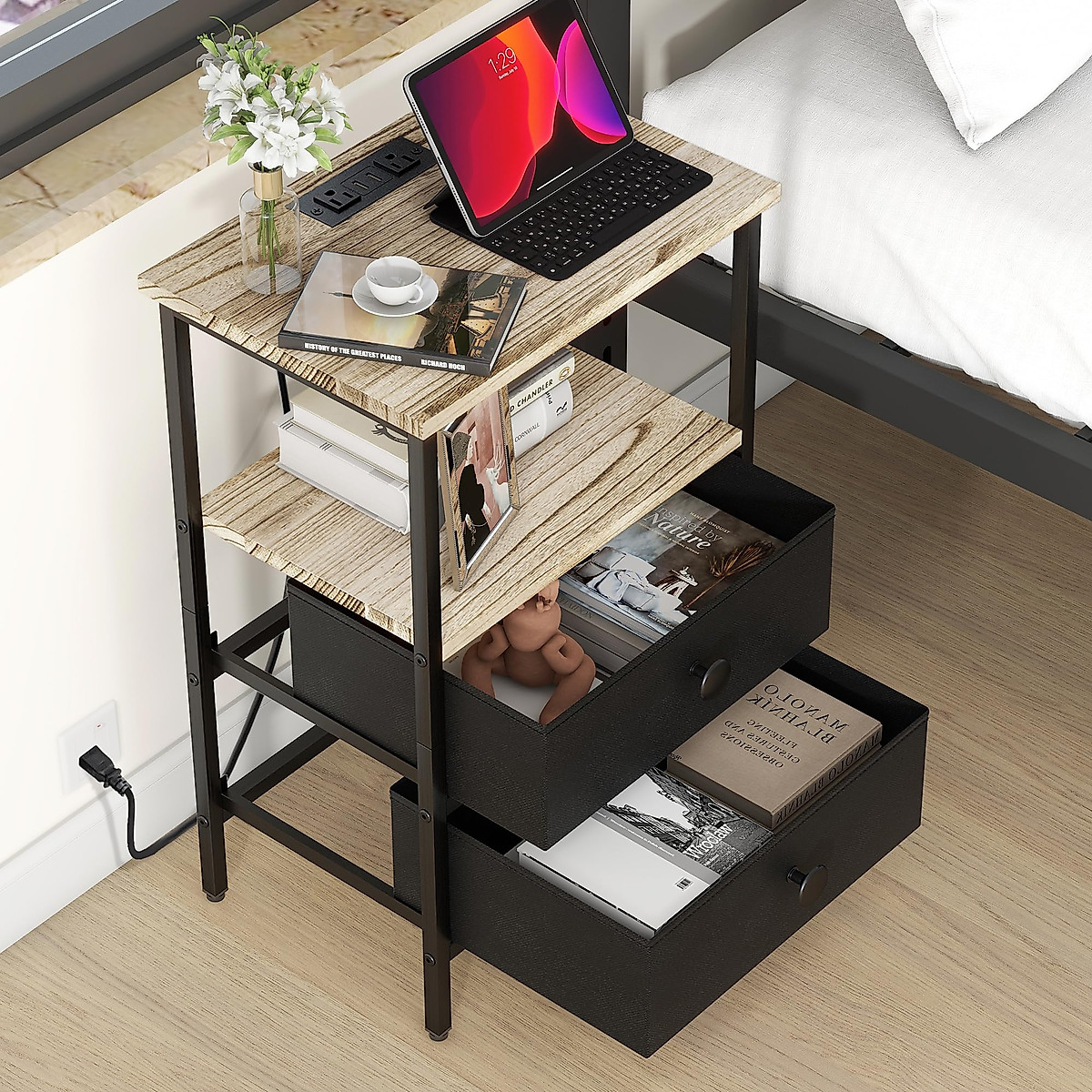 Acovy Small Nightstand with Charging Station 2 USB Ports & 2 Outlets, Solid Wood and Drawers, Night Stand End Table for Bedroom, Bedside Table, Side Table, Set of 2