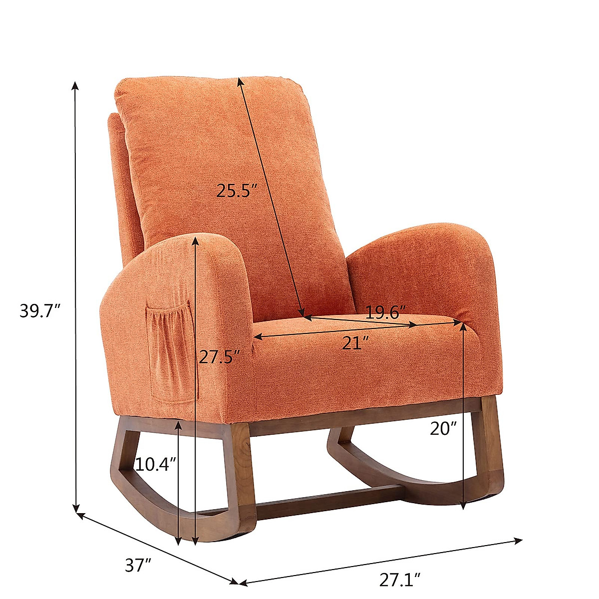 CALABASH Upholstered Rocking Chair Indoor Nursery Rocker Chair Comfortable Thick Padded Armchair with High Backrest Retro Mid-Century Nursery Glider Chair with Armrests for Living Room (Orange)