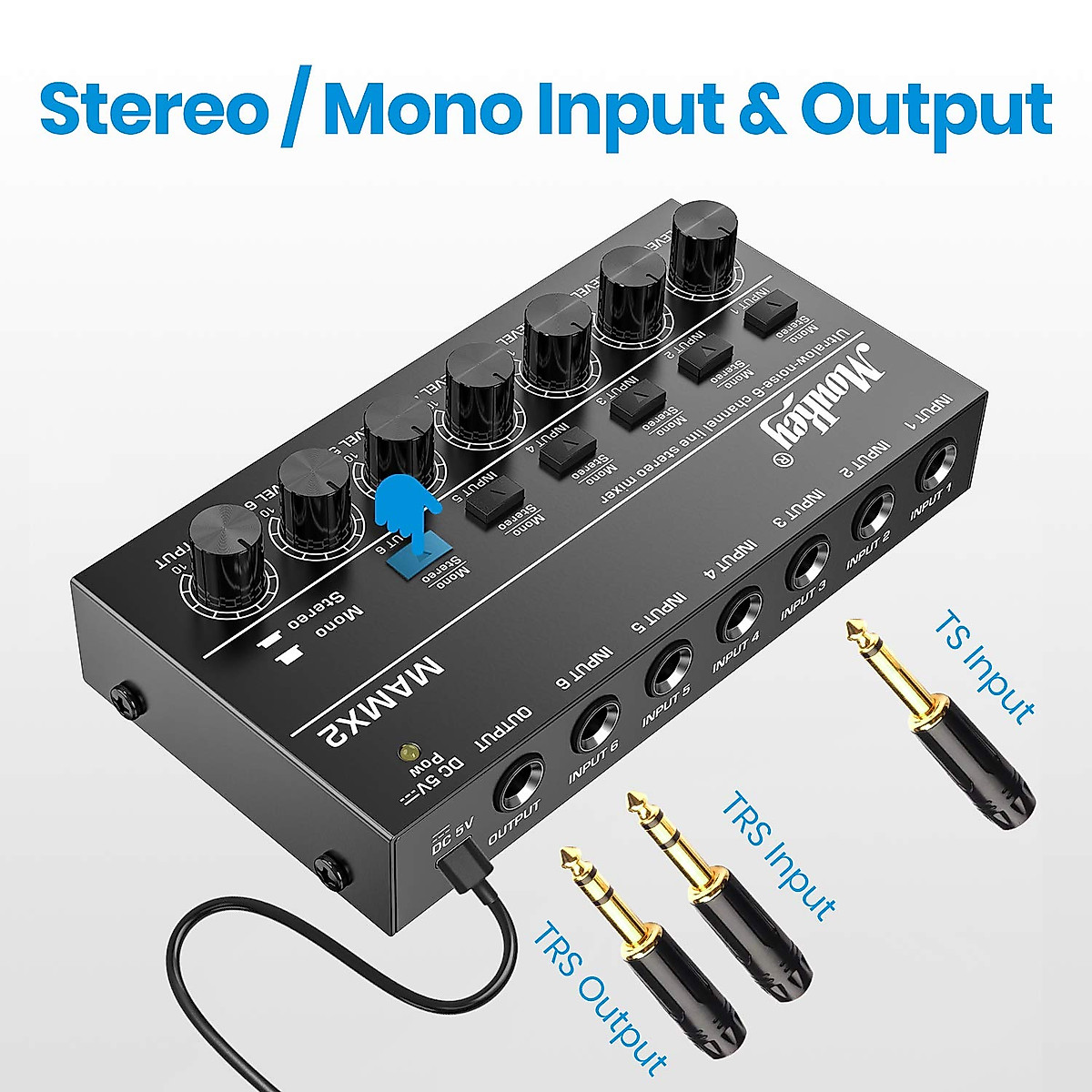 Moukey Audio Mixer Line Mixer, DC 5V, 6-Stereo Ultra, Low-Noise 6-Channel for Sub-Mixing, for Small Clubs or Bars, As Guitars, Bass, Keyboards Mixer, 2021 New Version-MAMX2