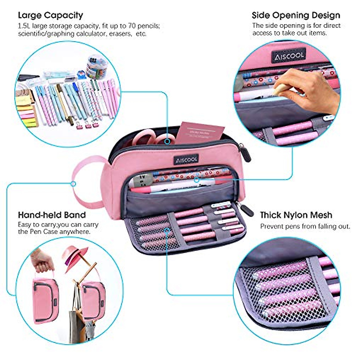 Aiscool Big Capacity Pencil Case Bag Pen Pouch Holder Large Storage Stationery Organizer for School Supplies Office College Teen (Pink)
