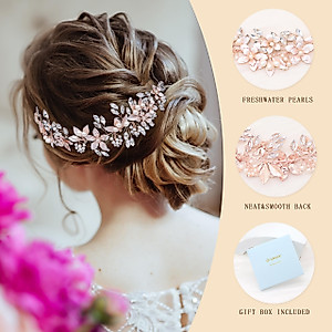 Oriamour Wedding Headband Bridal Headpiece Flower Design With Genuine Freshwater Pearls And Ribbons Hair Accessories For Bride (Rose Gold)