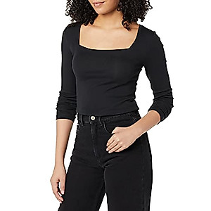 Amazon Essentials Women's Slim-Fit Long Sleeve Square Neck T-Shirt, Black, Small
