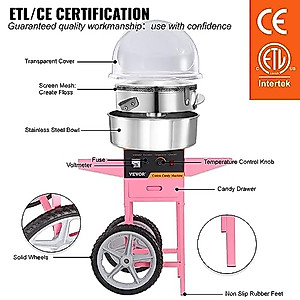 VEVOR Electric Cotton Candy Machine Cart with Bubble Cover Shield, 1000W Commercial Floss Maker with Stainless Steel Bowl, Sugar Scoop and Drawer, Perfect for Home, Kids Birthday, Family Party, Pink
