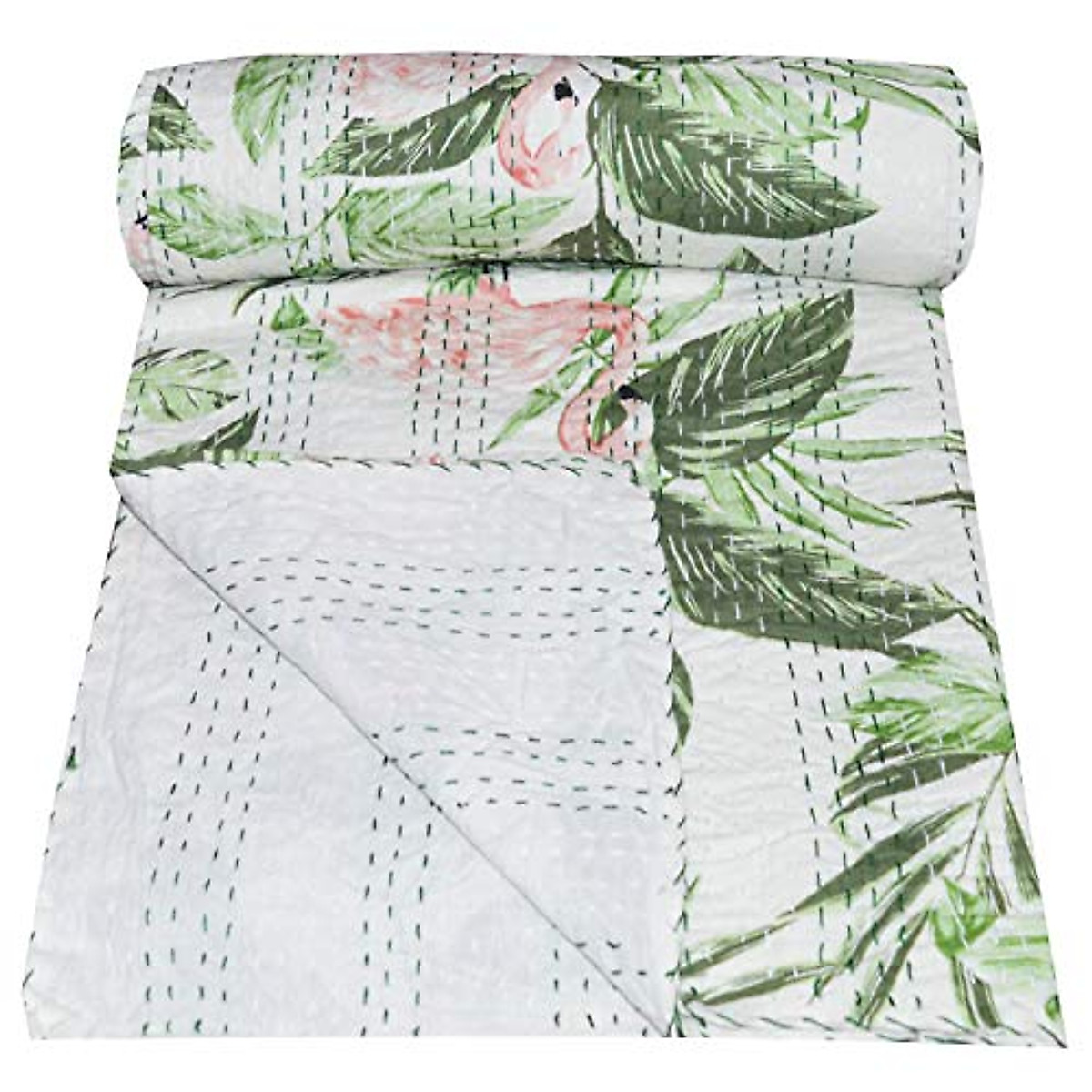 SHIRANYA Cotton Kantha Quilt Bedspread Queen Indian Handmade Flamingo and Leaf Print Throw Blanket Reversible Traditional Patchwork Stitched Bedding Comforter Decorative (90x108 Inch/220x274 cm)