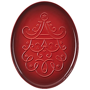 Le Creuset Stoneware Noel Collection: Oval Santa Cookie Platter, 14 oz., Cerise w/Embossed Design