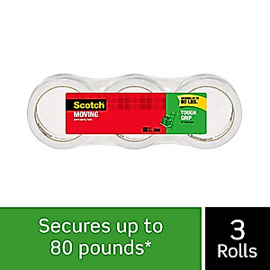 Scotch Tough Grip Moving Packaging Tape, 3 Rolls, 1.88" x 43.7 Yards (3500-40-3)
