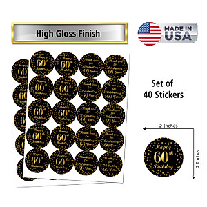 60th Birthday Round 2 Inch Big Glossy Stickers, Thank You for Celebrating 60 Years Black and Gold Labels, Great for Party Favors, Decorations, Tags, Gift Bags and Supplies. Made in USA