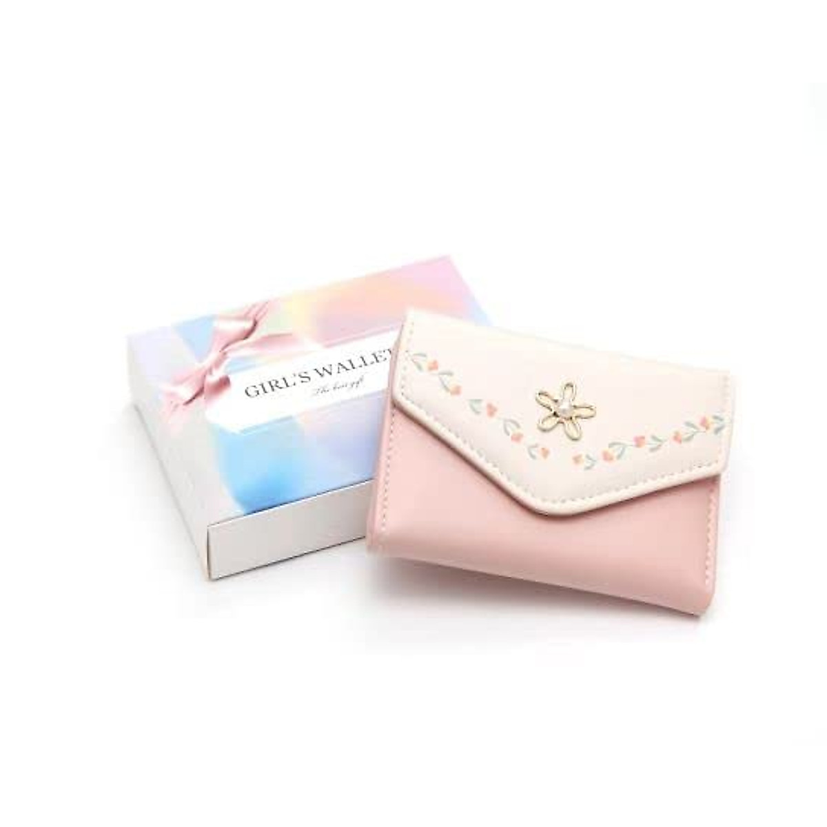 kuifang Girls Cute flowers Print Wallet, Small Tri-folded Aesthetic Wallet, PU Leather Purse Cash Pocket Card Holder ID Window Purse for Women(Pink)