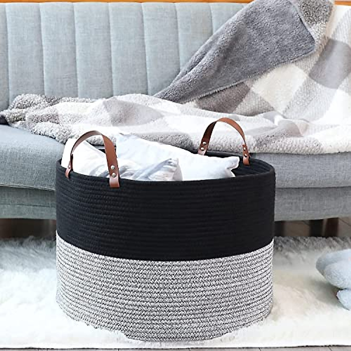 Hombins Large Cotton Rope Basket Woven Storage Basket - Decorative Storage Basket with Handles Collapsible Laundry Hamper for Throws, Pillows, Blanket, Black&Grey, 20"x20"x13"