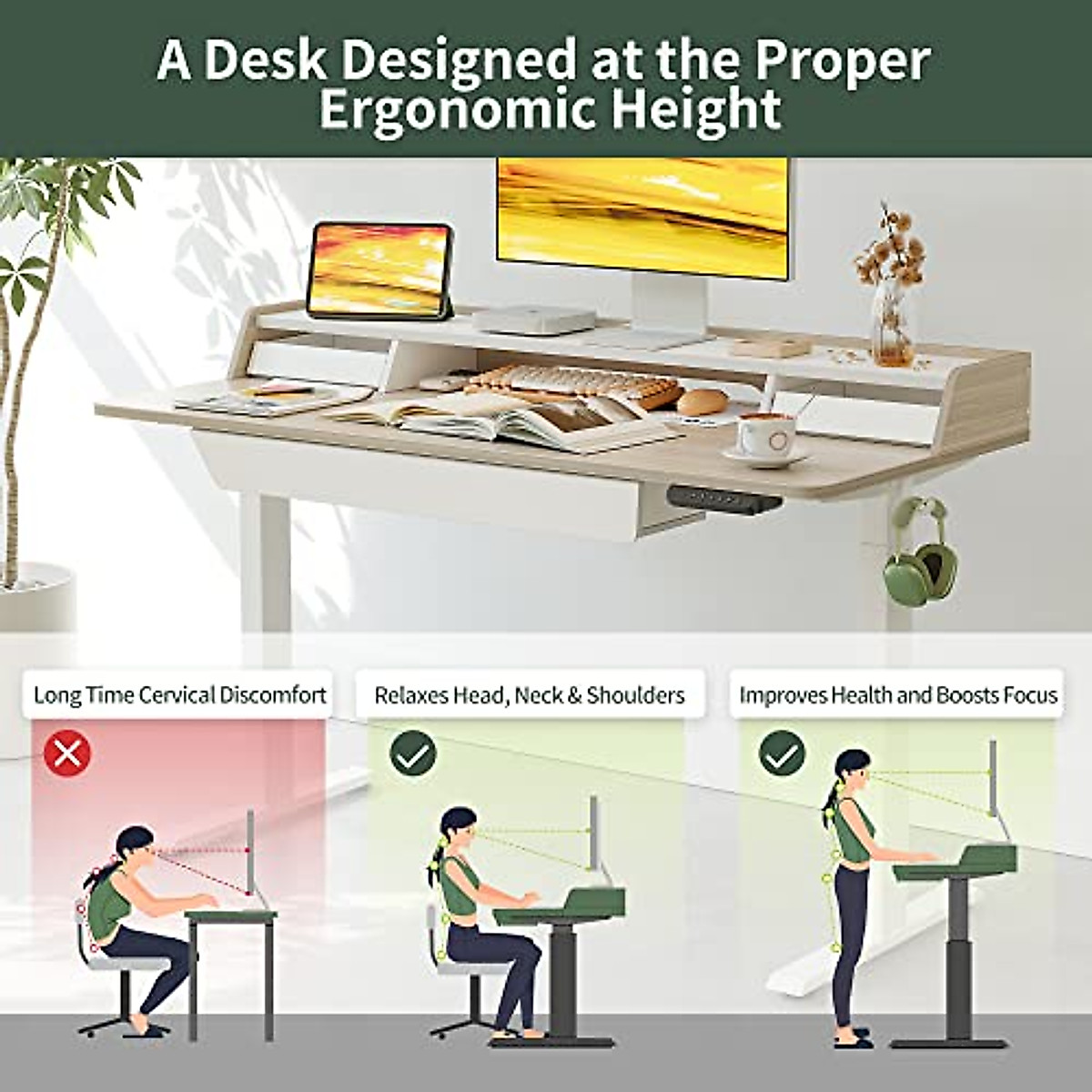 FEZIBO Standing Desk Adjustable Height with Drawers, 55 x 25 Inch Stand Up Desk with Storage Shelf, Electric Standing Desk with Storage Space, Light Walnut Top/White Frame