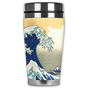 Mugzie Hokusai Great Wave Travel Mug with Insulated Wetsuit Cover, 16 oz, Black