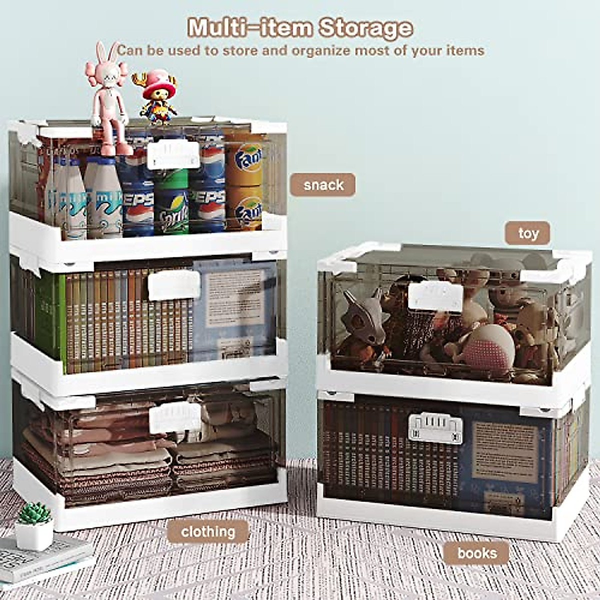 Dollox 2 Pack Plastic Storage Bins with Lids, Stackable Clear Storage Bins Storage Cart Foldable Box with Wheels Storage Box Totes for Home Room Organizer