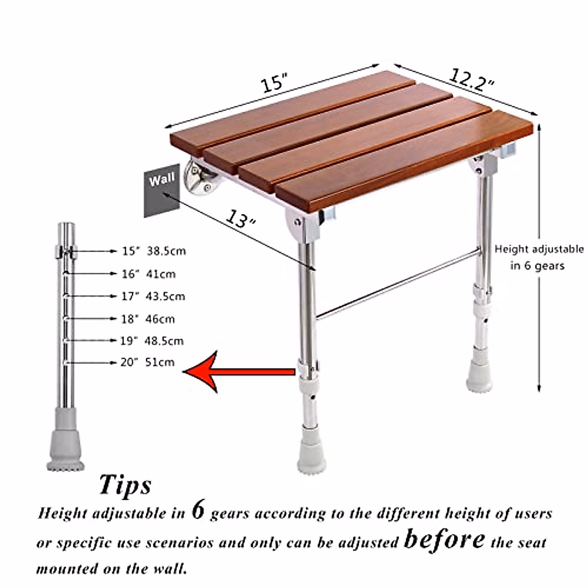 Folding Shower Seat Wall Mounted with Legs, Shower Seat Benches Stool Chair for Inside Shower, Fold Down Shower Seat for Seniors Small Shower Space, Foldable Fold up Waterproof Wood Height Adjustable