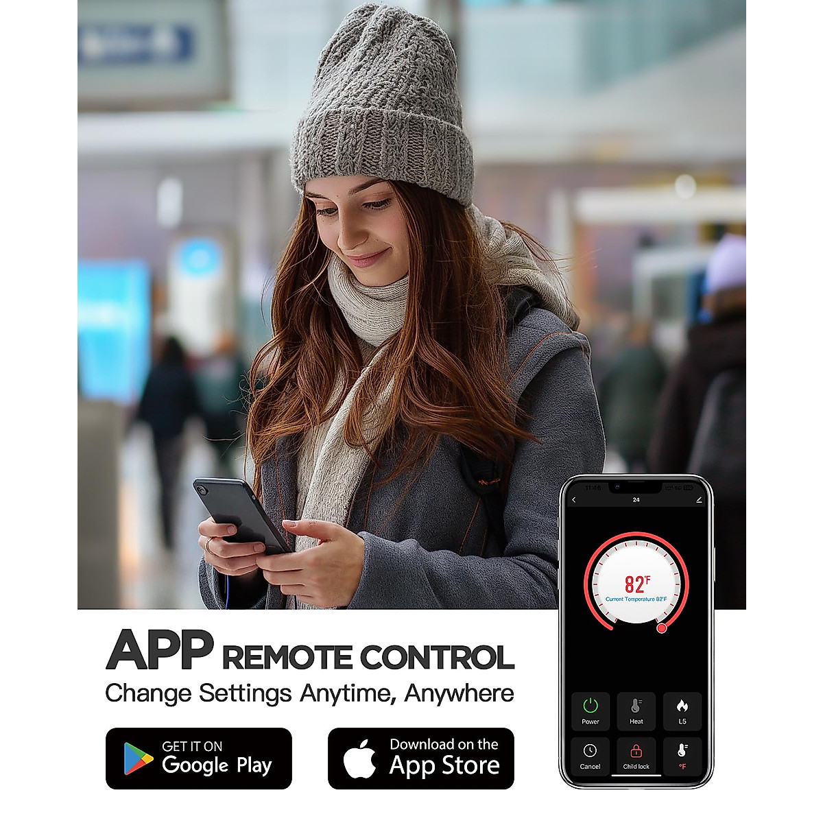 Silonn Electric Fireplace Heater, 5300 BTU Portable Fireplace with App & Remote,24-inch Low Noise Electric Fire Place with 5 Brightness Levels, Temp Control & Timer for Living Room, Bedroom, Black