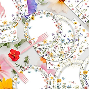 96 Pcs Wildflower Party Supplies Paper Plates and Napkins Disposable Spring Floral Baby Shower Birthday Tableware Decorations for Spring Summer Picnic Wedding Tea Party, Serve 24 Guests