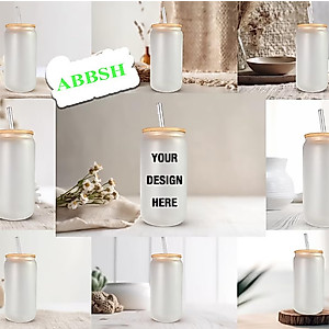 ABBSH Sublimation Glass Cups With Bamboo Lids And Straws, Frosted Sublimation Glass With Bamboo Lid 16OZ，Sublimation Beer Can Glass, Sublimation Frosted Glass Tumbler Blanks 12Pack