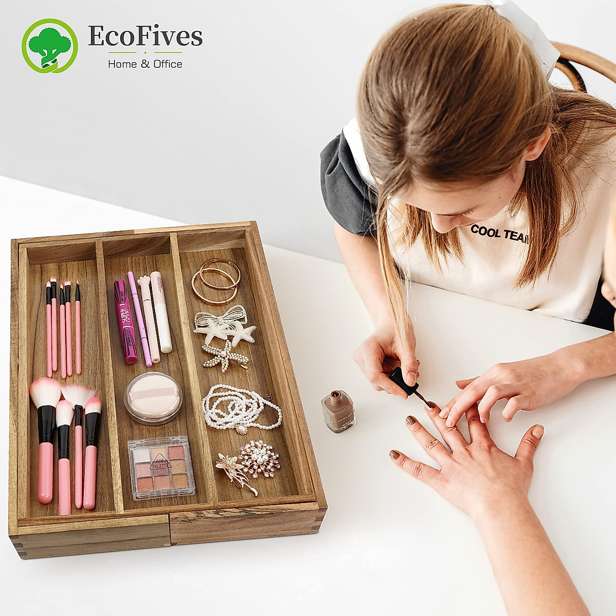 EcoFives Luxury Acacia Silverware Organizer -Kitchen Drawer Organizer - Utensil Holder and Cutlery Organizer with Grooved Drawer Dividers for Flatware and Kitchen Utensils (5 Slot)