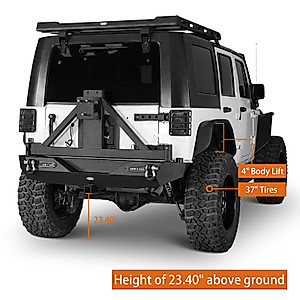 Hooke Road Offroad Rear Bumper with Spare Tire Carrier for 2007-2018 Jeep Wrangler JK & Unlimited 2/4 Doors, Built-in Hitch Receiver & LED Lights & D-rings