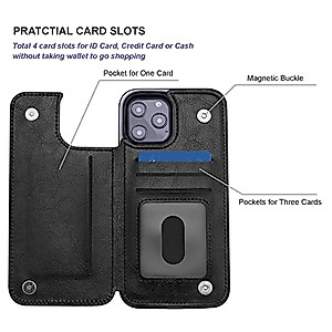 MicrKindom Flip Leather Wallet Case for iPhone 12 Pro/12 - Card Holder Kickstand Phone Case for Women, Personalized Picture Text Double Magnetic Buttons Shockproof Case (Black Leopard - All Black)