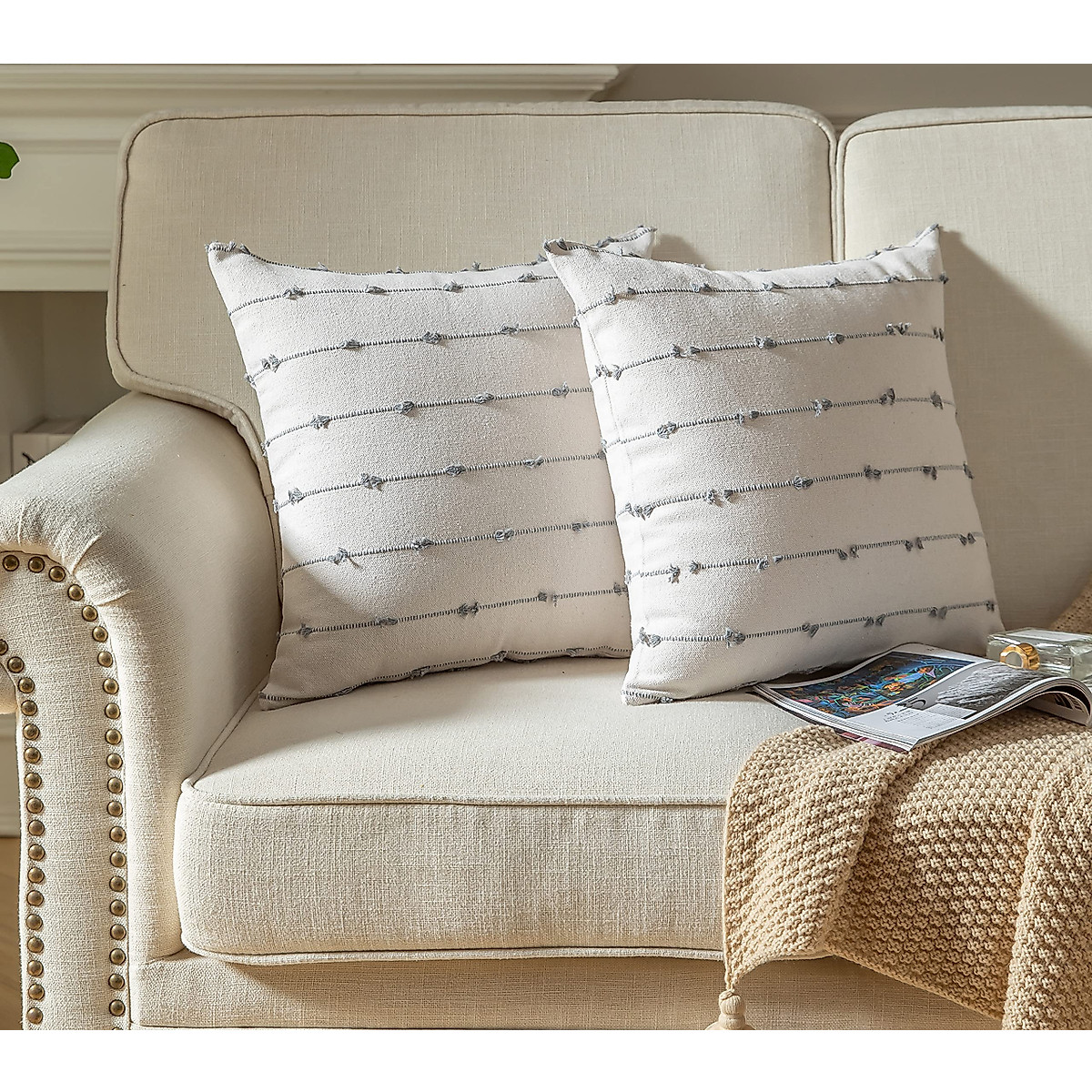 Caflife Boho Throw Pillow Covers 18x18 inches Beige and Grey, Set of 2 Modern Farmhouse Decorative Pillow Covers for Couch Bed, Living Room