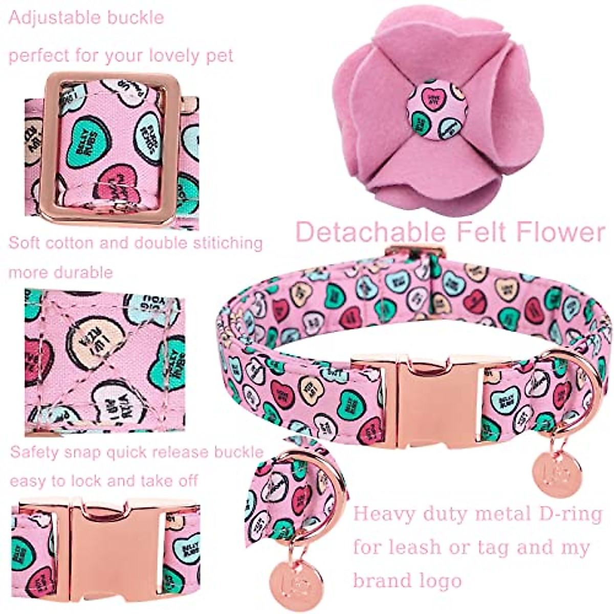 UP URARA PUP Valentine’s Day Dog Collar with Felt Flower, Valentine Flower Collar for Medium Girl Dog, Valentine’s Day & Wedding Gift Pet Collar, Cotton Collar with Metal Buckle, M, Neck 13.5-22in