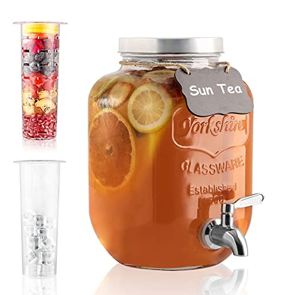 1 Gallon Drink Dispenser with Spigot 18/8 Stainless Steel – Airtight & Leakproof Glass Sun Tea Jar with Anti-Rust Lid, Beverage Dispenser for Parties – Include Ice Cylinder and Fruit Infuser