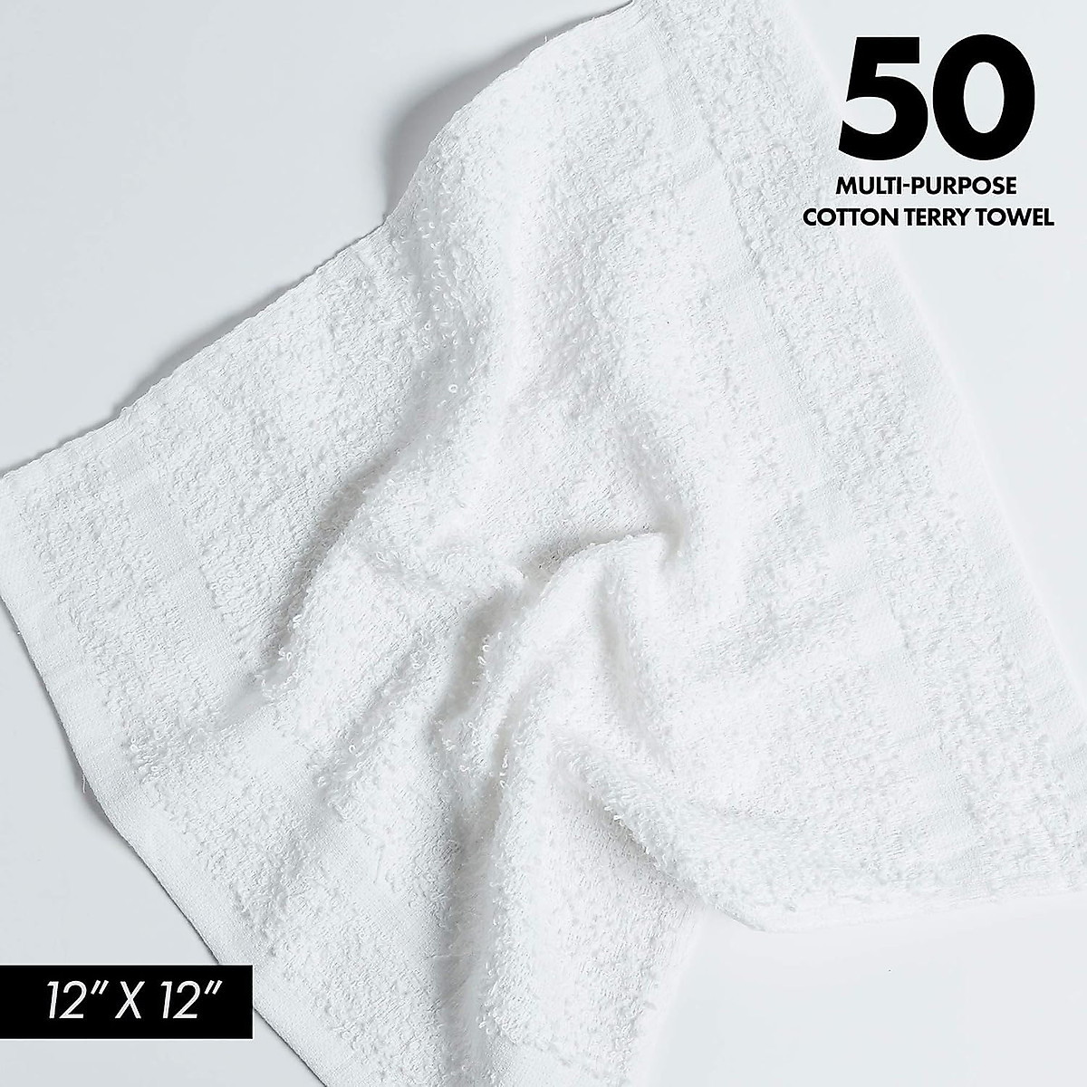 100% Cotton Terry Towels Cleaning Cloths Pack of 50 (12x12 Inches) White Cotton Terry Cloth Bar Rags White Bar Towels, Multipurpose High Absorbent Terry Towels for Cleaning Auto Detailing or Painters