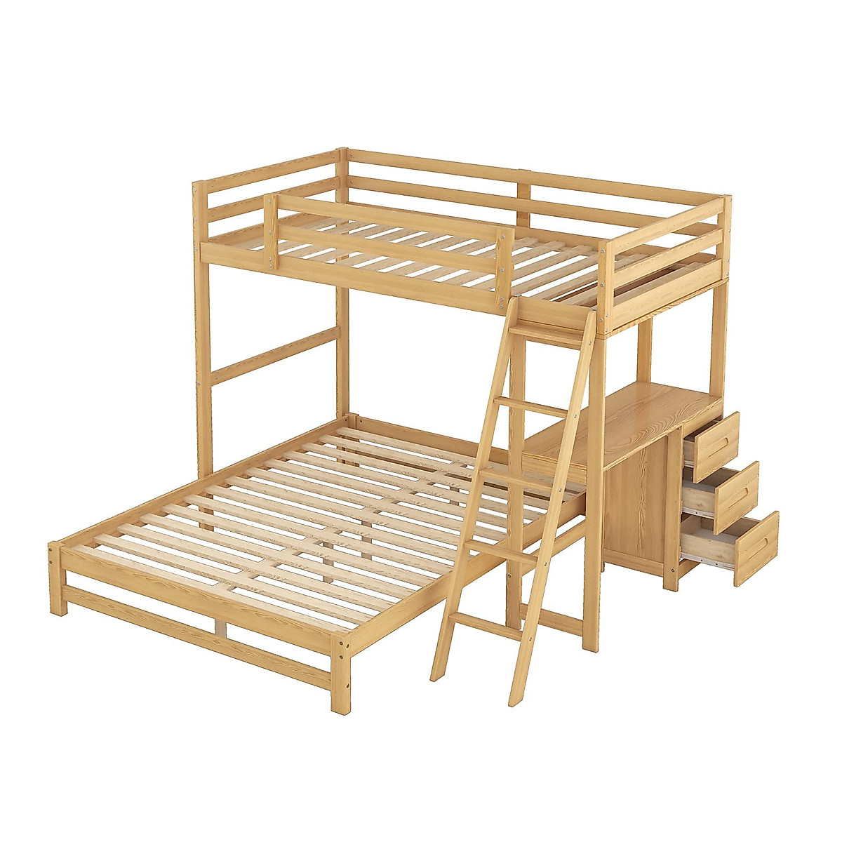 Bellemave Twin Over Full Bunk Bed with Desk and Storage Drawers Wood Convertible Loft Beds Can Be Separated into 2 Kids Bunked Frame for Girls Boys Teens, Natural