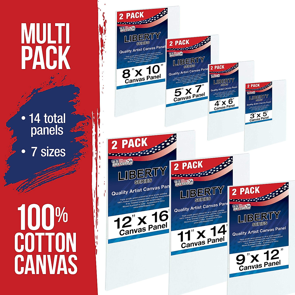 U.S. Art Supply Rectangular Variety Assortment Professional Artist Quality Acid Free Canvas Panels 14-Total Panels (2-EA: 12x16, 11x14, 9x12, 8x10, 5x7, 4x6, 3x5)