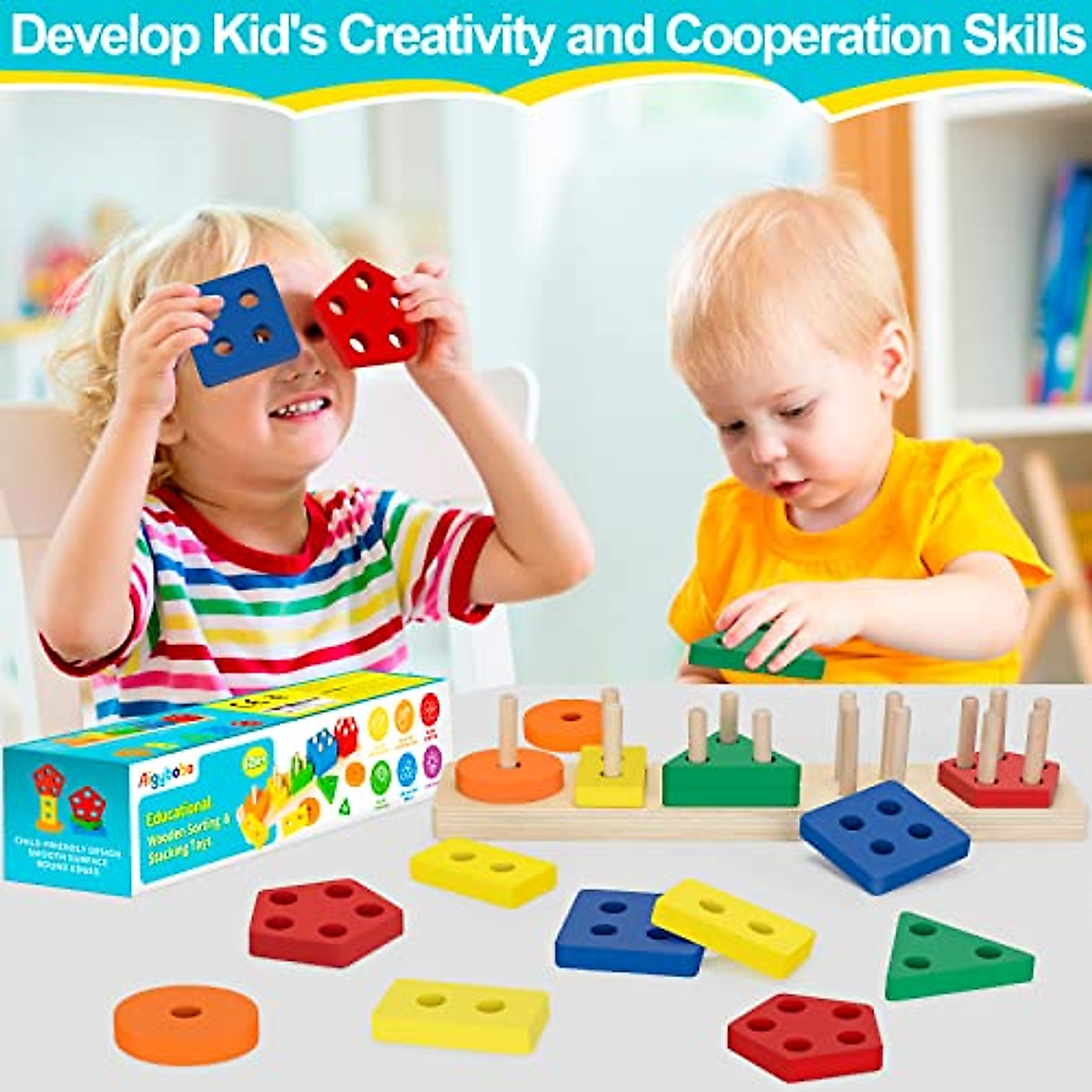 Aigybobo Learning Toys for 1+ Year Old, Baby Toy 12-18 Months, Wooden Sorting & Stacking Toys for Toddlers and Kids, Preschool Fine Motor Skill Toy, Ideal Gift for Boys Girls (Bright Shape Sorter)