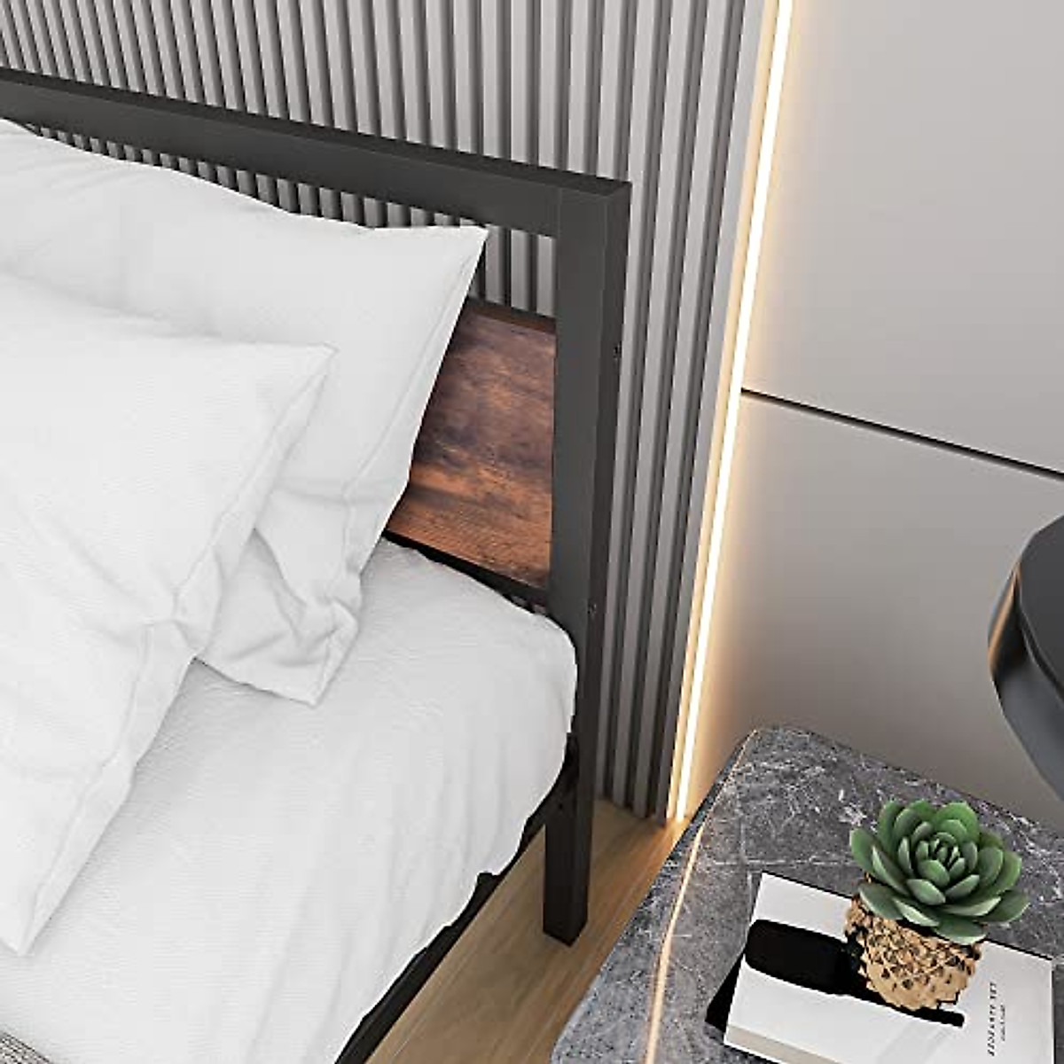 BOFENG Black Queen Size Bed Frames with Wood Headboard and Footboard,Heavy Duty Platform Bed Frame with Storage No Box Spring Needed,Steel Slats Mattress Foundation Square Pipe Design Noise Free,Brown