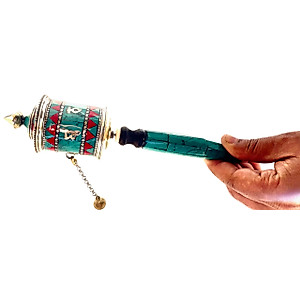 QT S Buddhist Copper & Stone Set Hand-Held Prayer Wheel - Hand carved 9 Inch with Authentic Wooden Handle Made in Buddha Born Country, Nepal