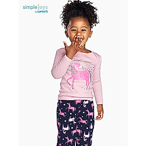 Simple Joys by Carter's Girls' 4-Piece Pajama Set (Cotton Top & Fleece Bottom), Mint Green Puppy/Navy/Pink Unicorn/White Dogs, 5T