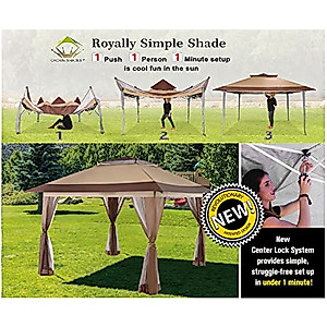 CROWN SHADES 13X13 Outdoor Pop Up Gazebo Base 10X10 Patio Gazebos Patented Center Lock Quick Setup Newly Designed Storage Bag Instant Canopy Tent with Mosquito Nettings (13x13, Beige & Coffee)