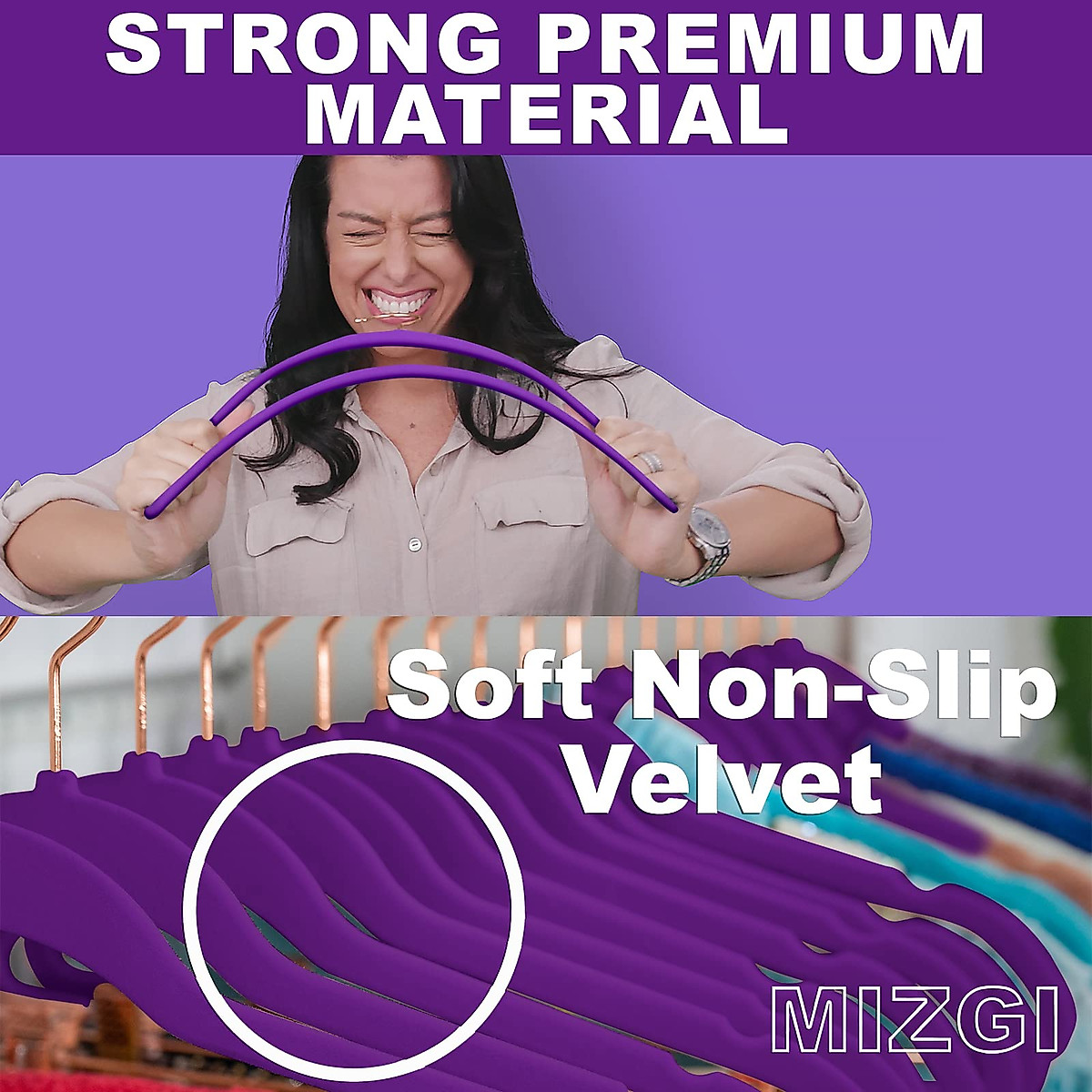 MIZGI Premium Velvet Hangers (50 Pack) Heavy Duty - Non Slip Felt Hangers - Velvet Suit Hangers Dark Purple - Rose Gold Hooks,Space Saving Clothes Hangers